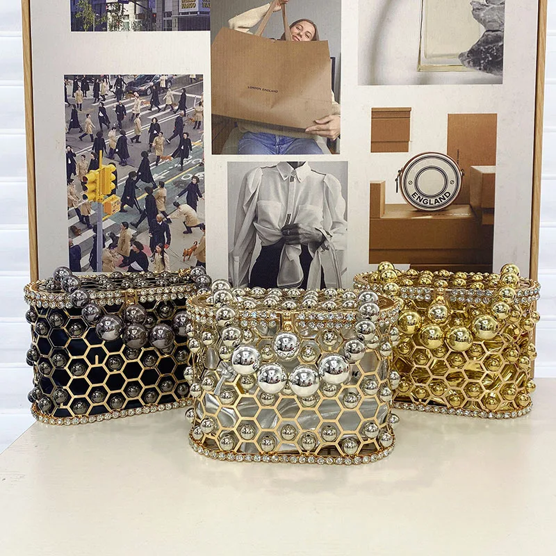 French Vintage Sparkly Luxury Diamond Bag Dinner Metal Basket Crossbody ...