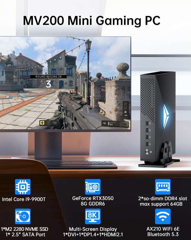 Mini Gaming PC with I9 I7 I5 9900T, RTX3050 8G, 64GB RAM