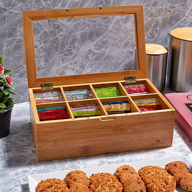 Modern Design Rectangle Wooden Tea Box Transparent Glass Storage For ...