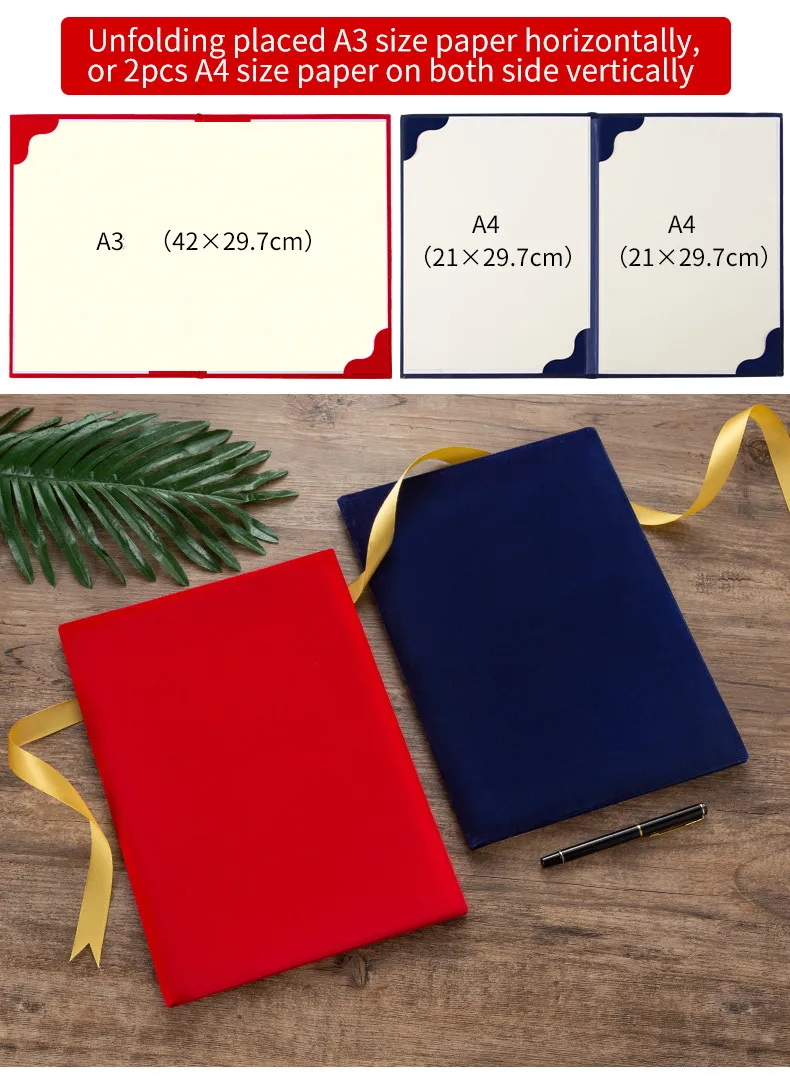 Velvet Certificate Holder A4 - Elegant Navy & Red Covers