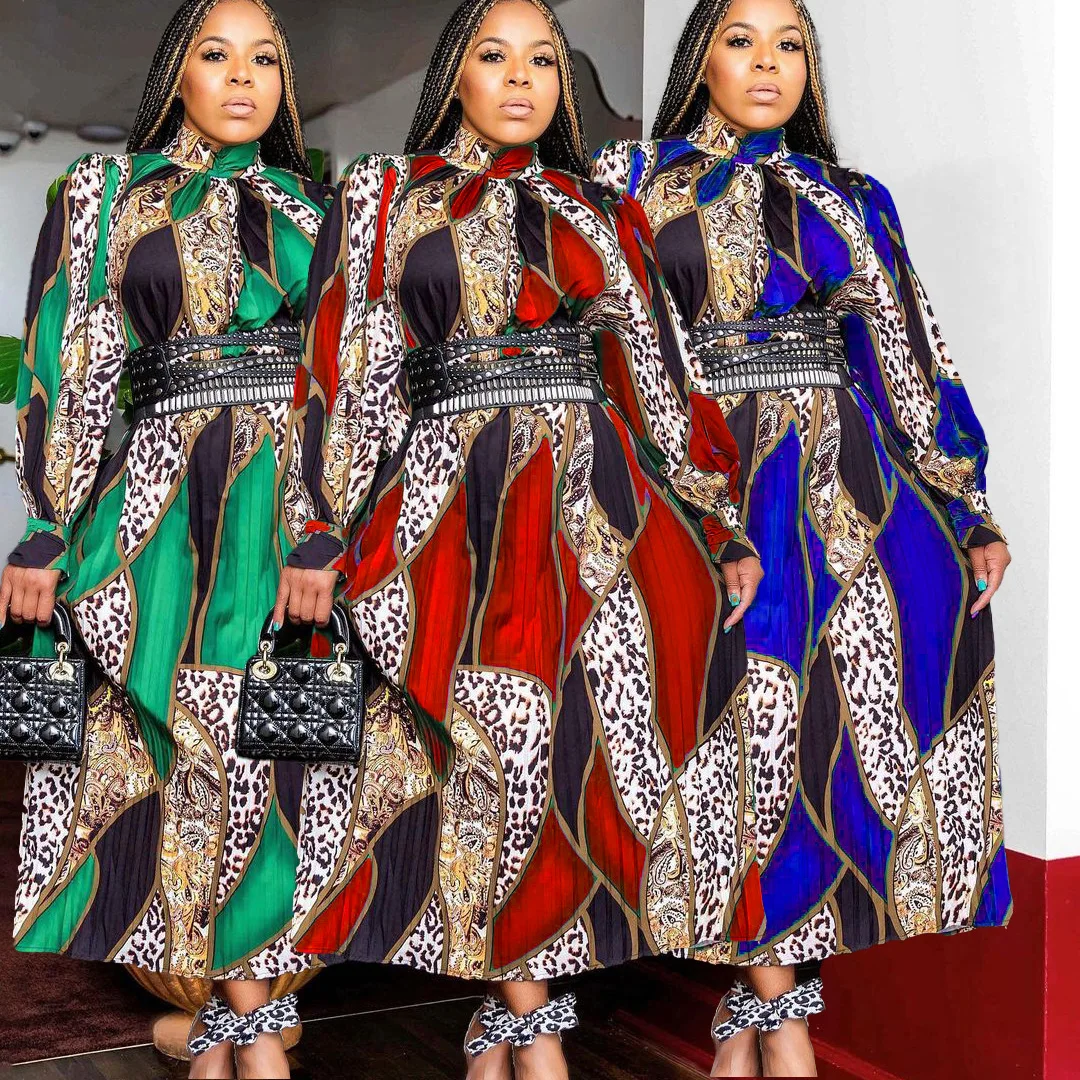 7005 kuwii Europe and American long sleeved high waist pleated ankara dress african print kitenge dress designs for african