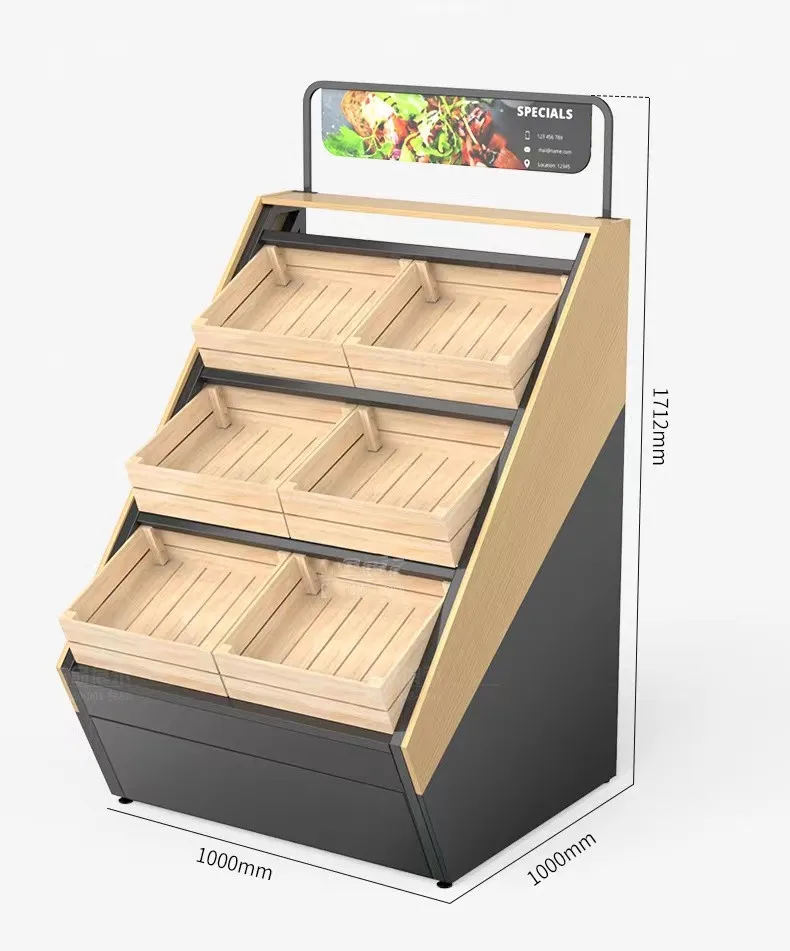 Commercial 3 Tier Wooden & Steel Fruit Vegetable Storage Basket Stand