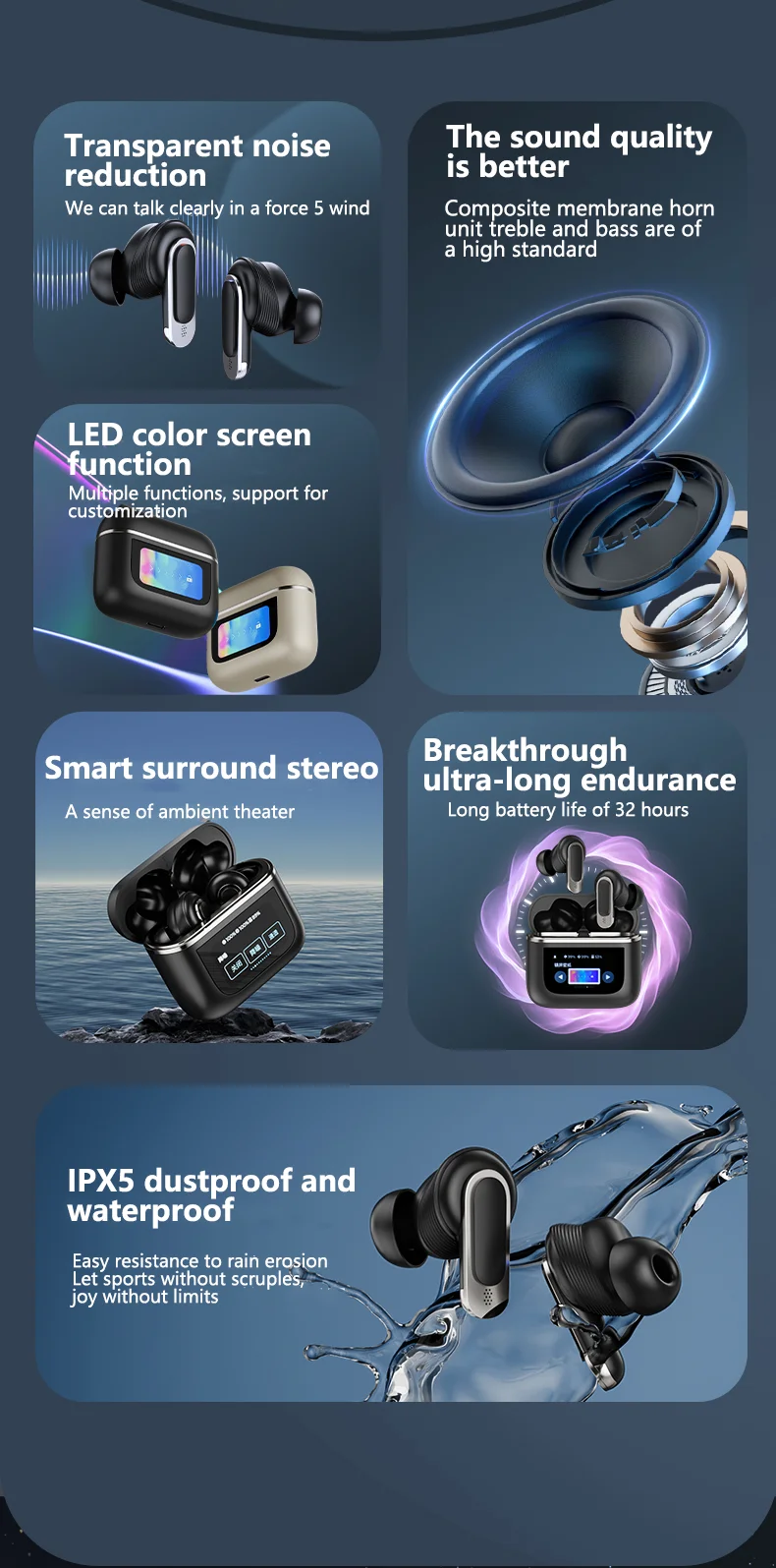 M6 Smart Touch Screen Wireless TWS Stereo Clear Sound Headset ANC Noise ...