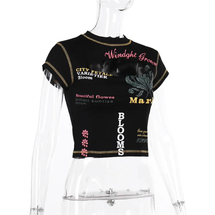 Black Garphic Print T Shirt Night Clubwear for Women 2024 Summer Short ...