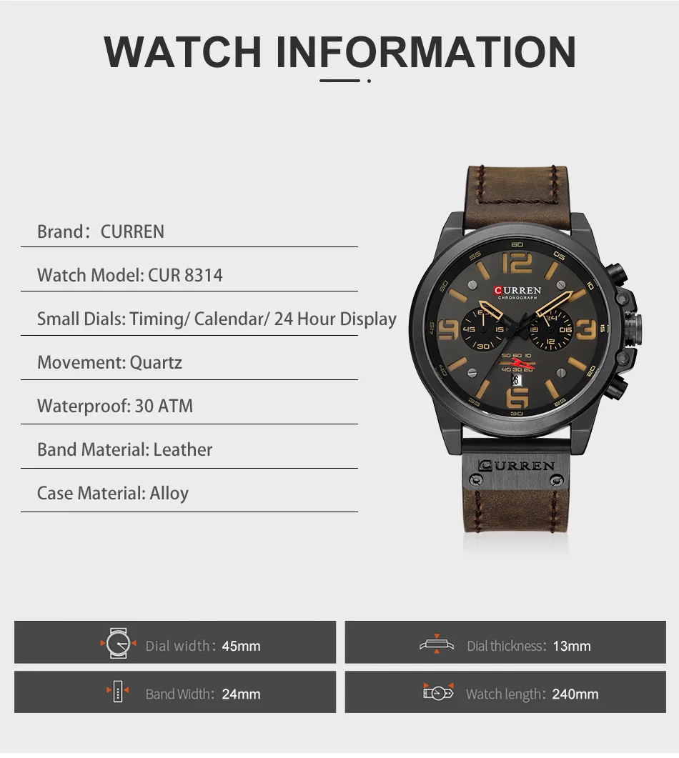 CURREN 8314 Watch - Luxury Waterproof Sport Wrist Chronograph