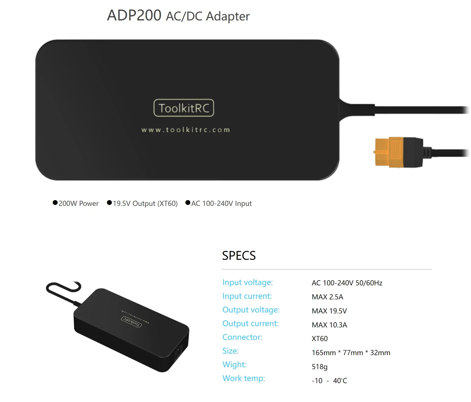 Toolkitrc Adp200 Ac Power Adapter 200w Power Supply Xt60 Plug Output 19 ...