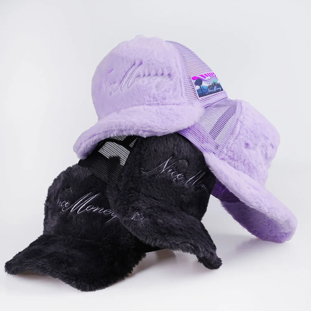 Custom Logo Faux Rabbit Fur Fuzzy 5 Panel Trucker Hat Furry Trucker Hat ...