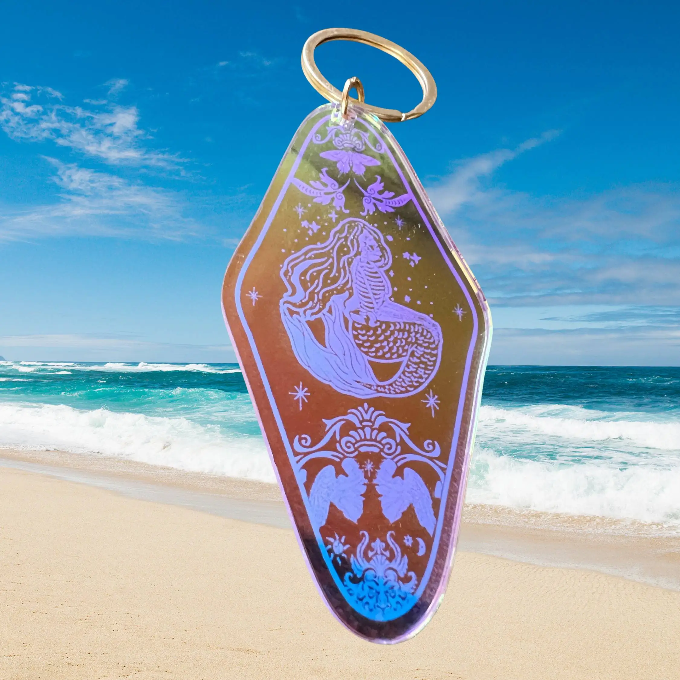 Custom Iridescent Motel Keychains - Skeleton Mermaid Gift
