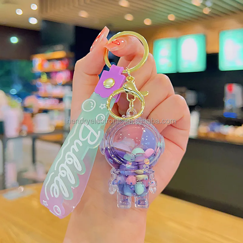 New Cute Acrylic Keyring Spaceman Key Chain Oil Floating Sugar Bean Astronaut Bubble Boba Tea ...