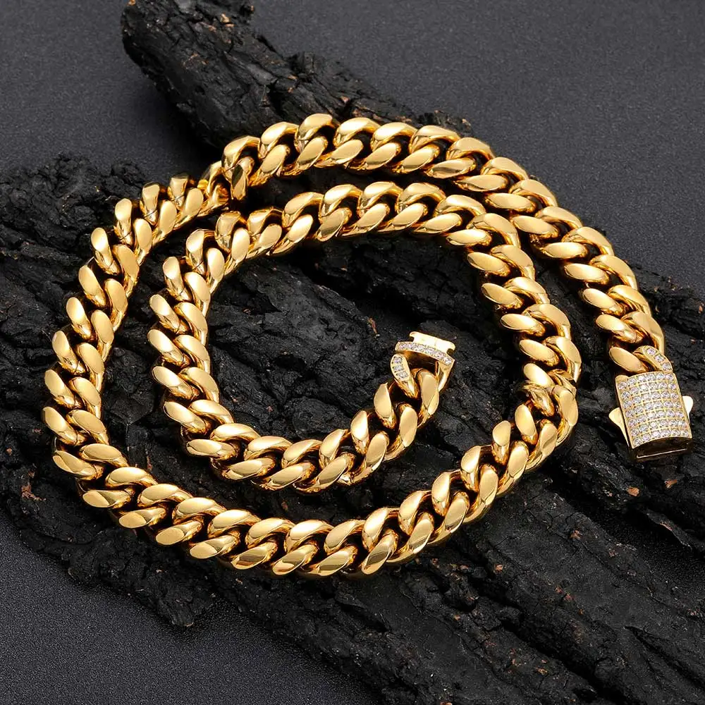 NUOYA 18K Gold Plated Miami Cuban Link Chain Hip Hop Necklace Custom Logo Diamond Clasp ...
