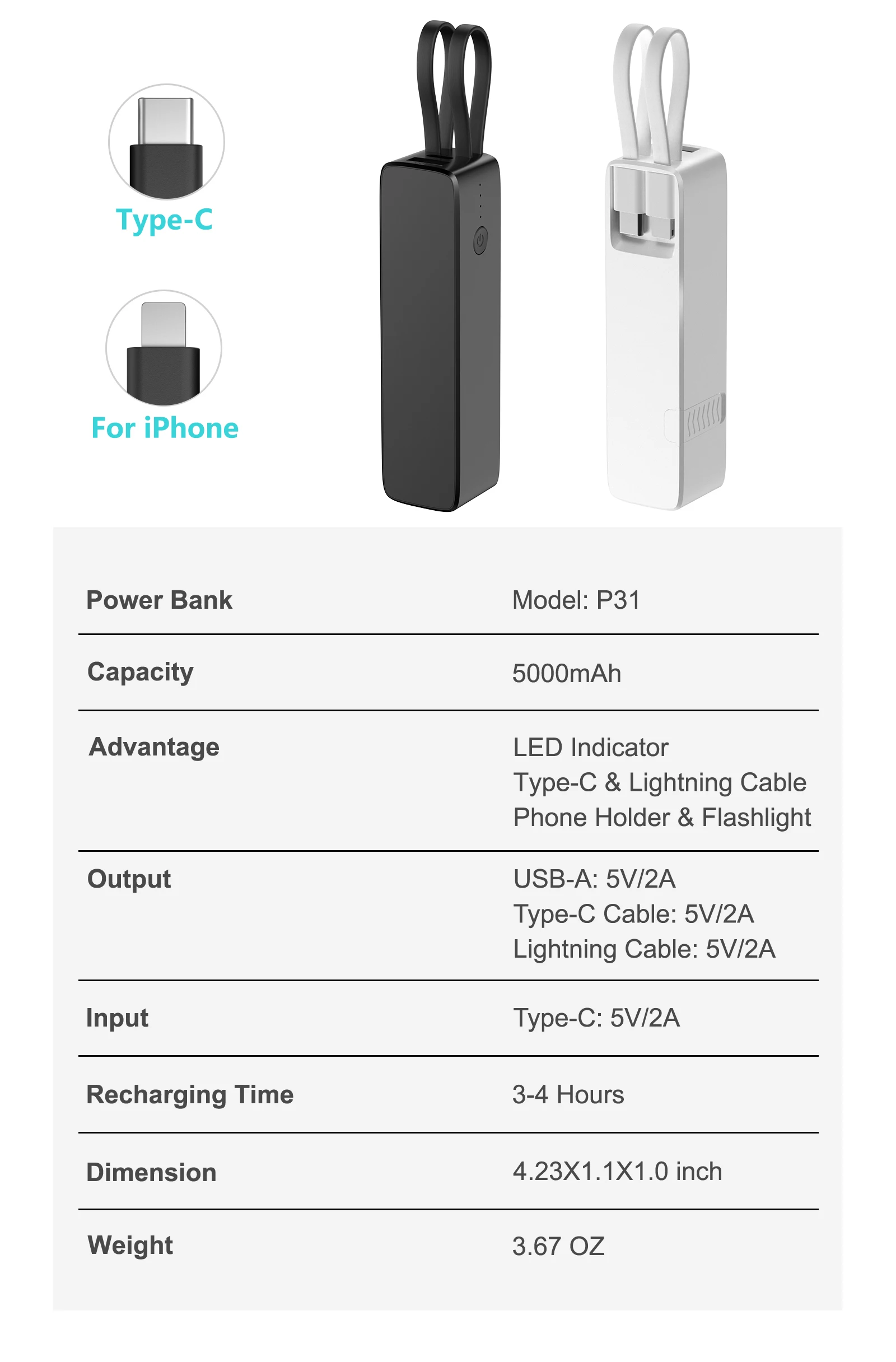 Portable Mobile Phone Stand Power Bank Built In Type C Cable Flashlight ...