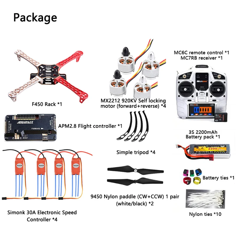 Diy Rc Fpv Using F450 Rack Apm2.8 Fc Simonk 30a Esc Mx2212 Motor 9450 ...