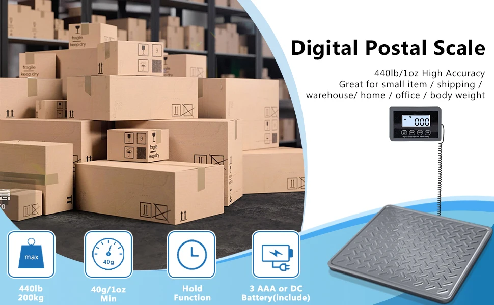Digital Shipping Scale - 440lbs Heavy Duty Postal Scale