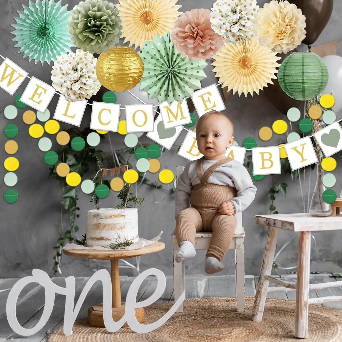 Welcome Baby Banners Sage Green Gold White Paper Lantern Paper Flower ...