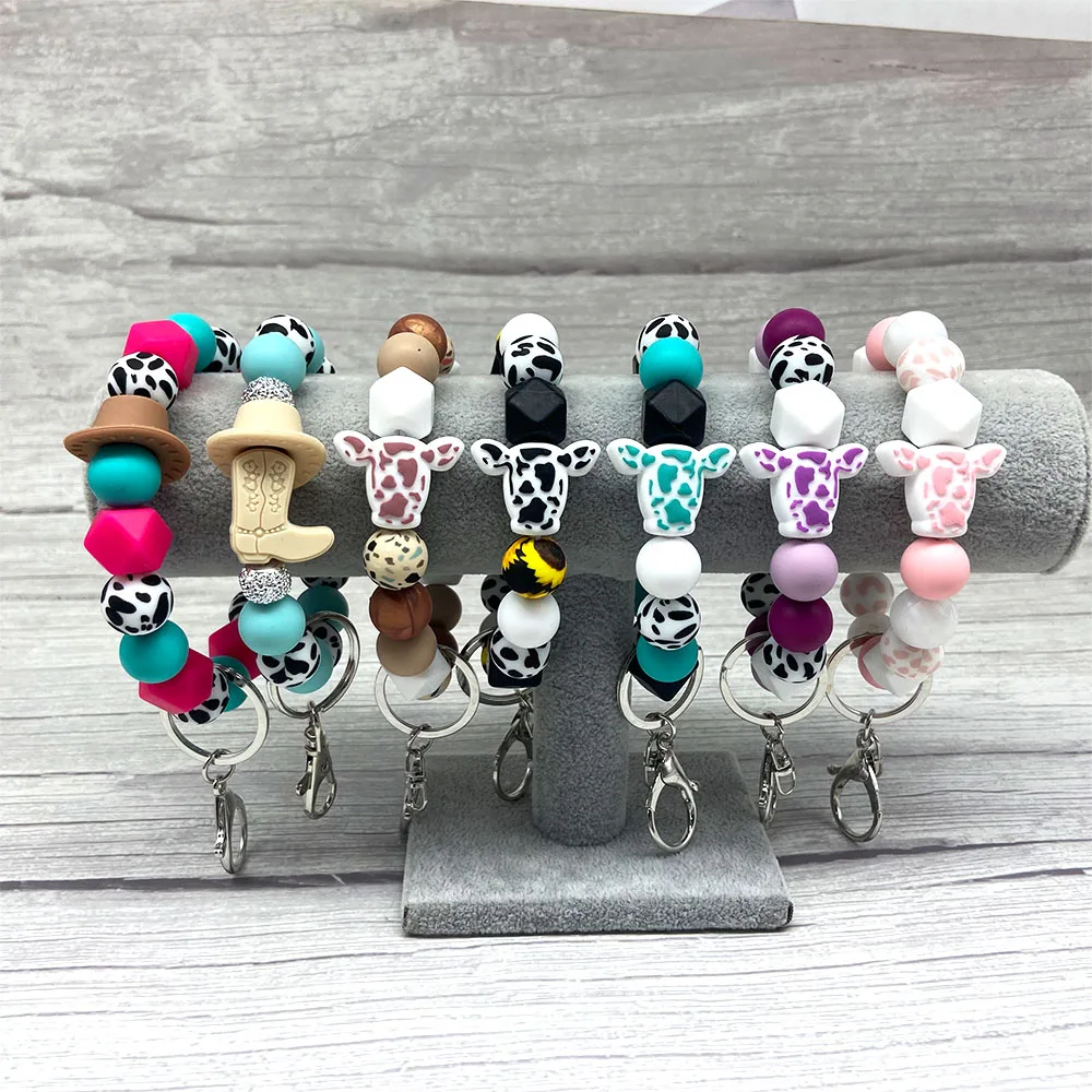 Western Cowboy Hat Cow Head Silicone Beads Wristlet Keychains Bracelet ...