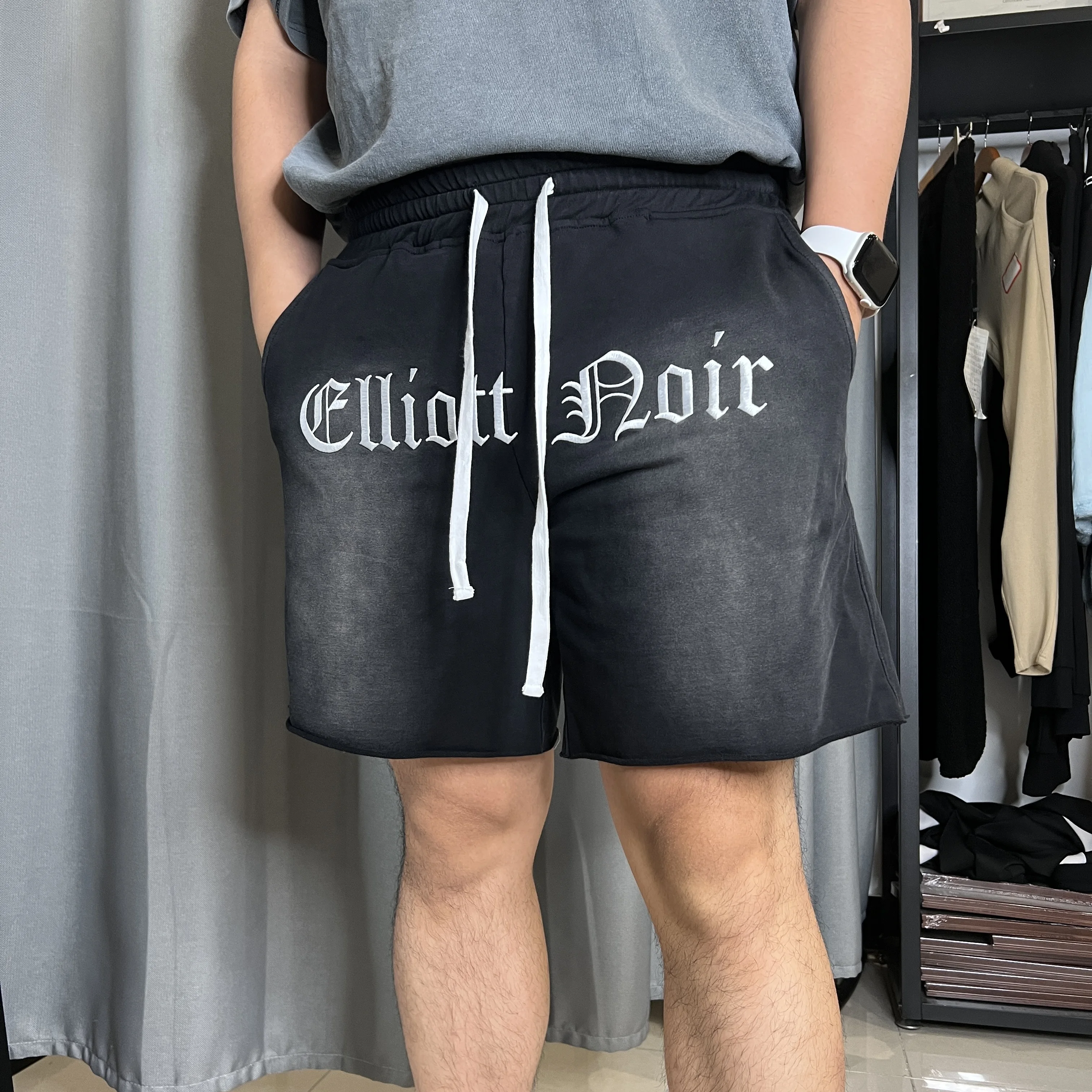 Custom Unisex Bulk Blank Shorts Acid Washed Raw Edge French Terry ...