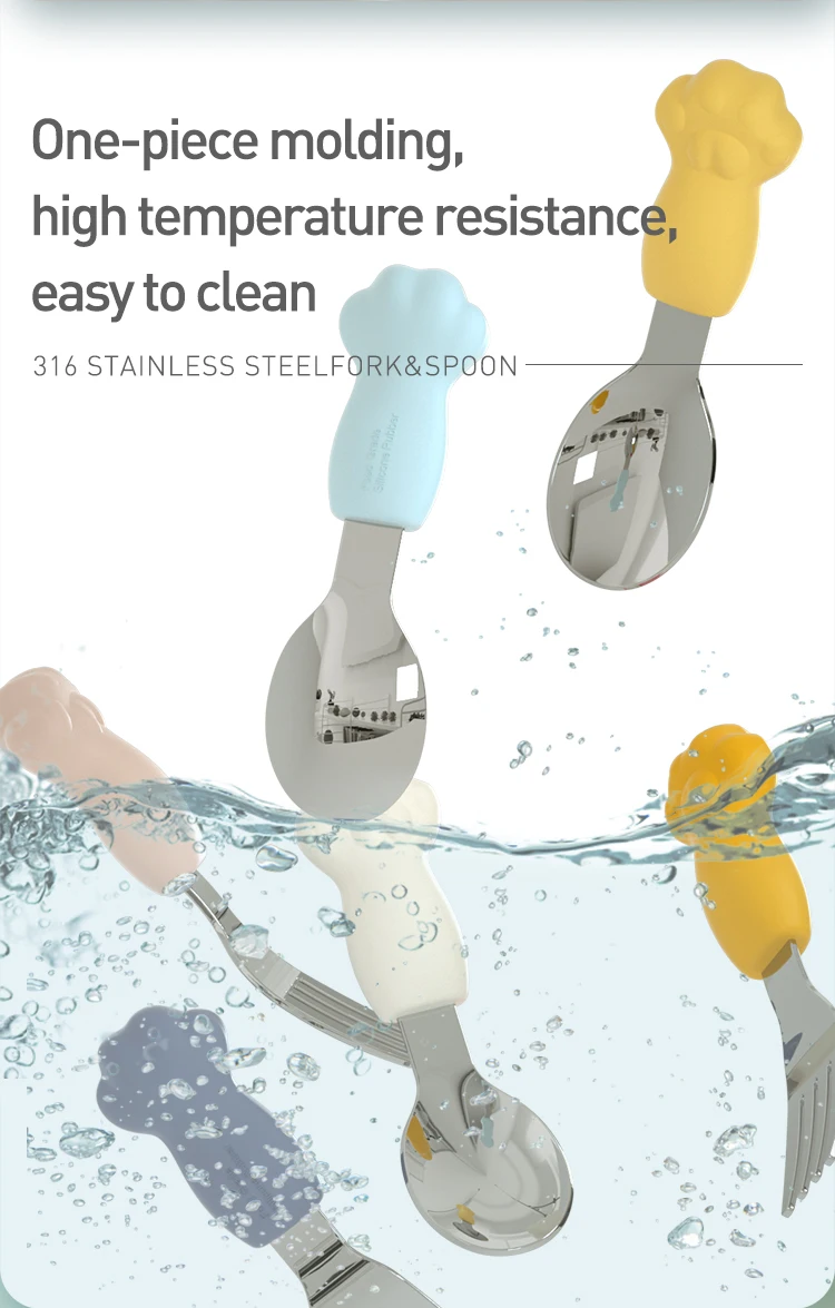 Anti Slip Silicone Stainless Steel Short Cats Claw Fork Spoon Set With Carry Case Self Feeding ...