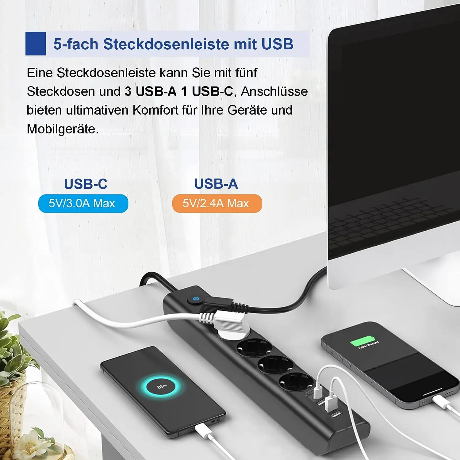 4 Ways 4 Usb+type-c Port Socket Multi Smart Power Strip Multifunction ...