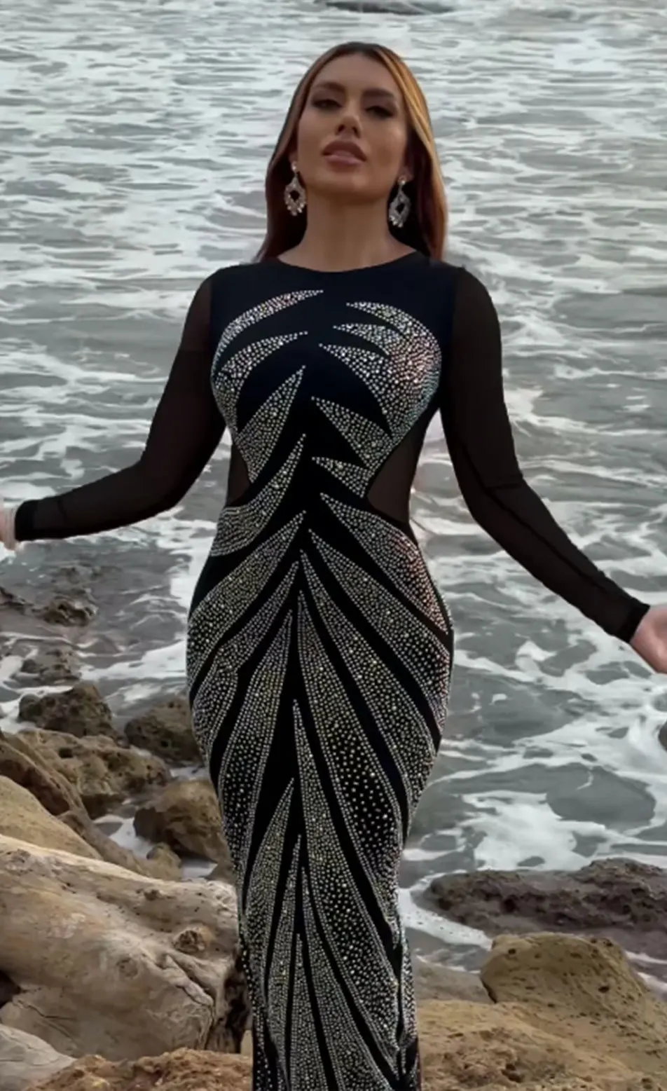 Newest Rhinestone Mesh See Through Party Maxi Dress for Women Fashion ...