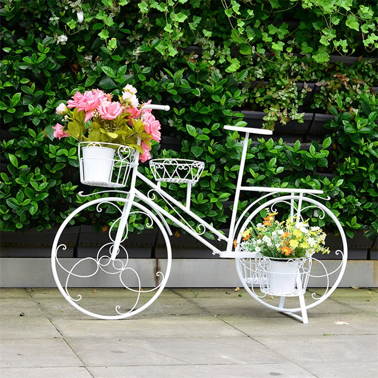 Bike Flower Pot White Garden Planter Decorative Metal Wedding Bicycle ...