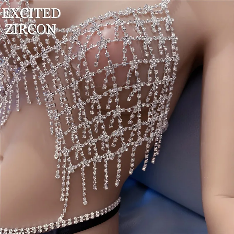 Crystal Tassel Mesh Cutout Breast Chain Jewelry Rhinestone Bra Chain
