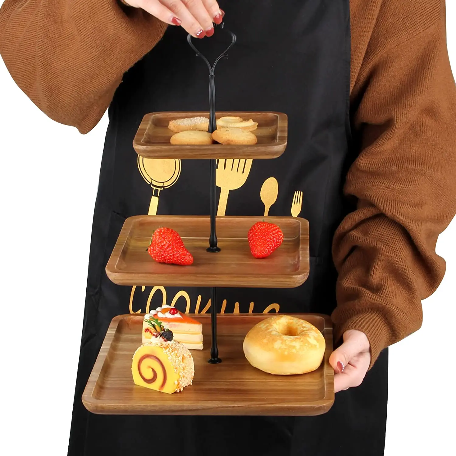 3 Tier Square Cupcake Stand Acacia Wood Serving Tray Dessert Stand ...