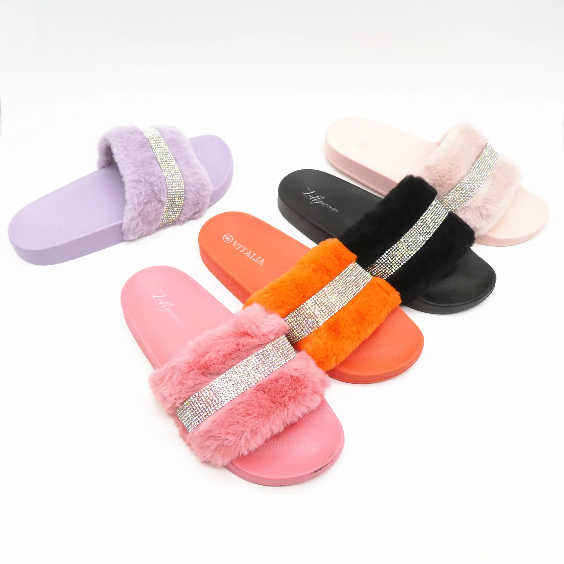 Womens Fur Slipper Rhinestone rainbow Sandals Women Furry Shoes Winter ...