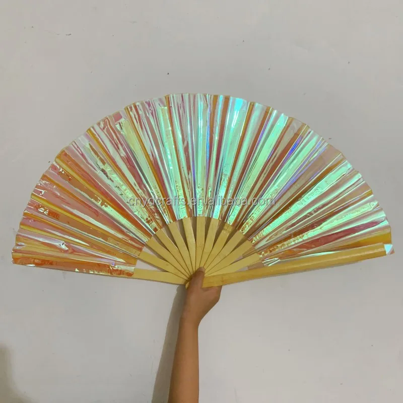Stock Iridescent Holographic Folding Handheld Fan Bamboo Large Rave ...