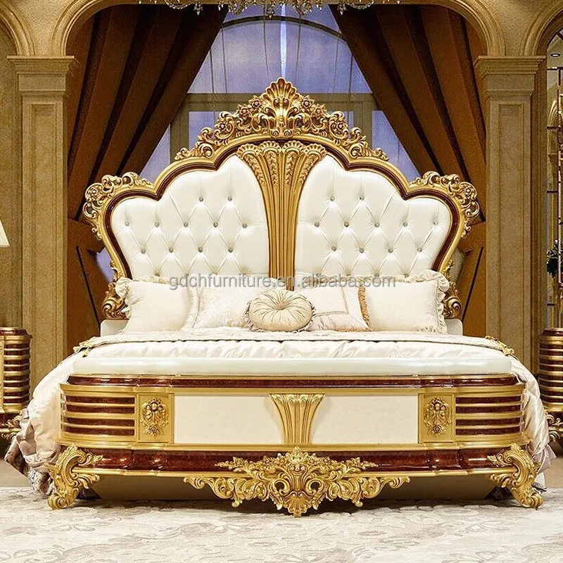 French Luxury Solid Wood Carved Bed Villa Genuine Leather Wedding Bed ...