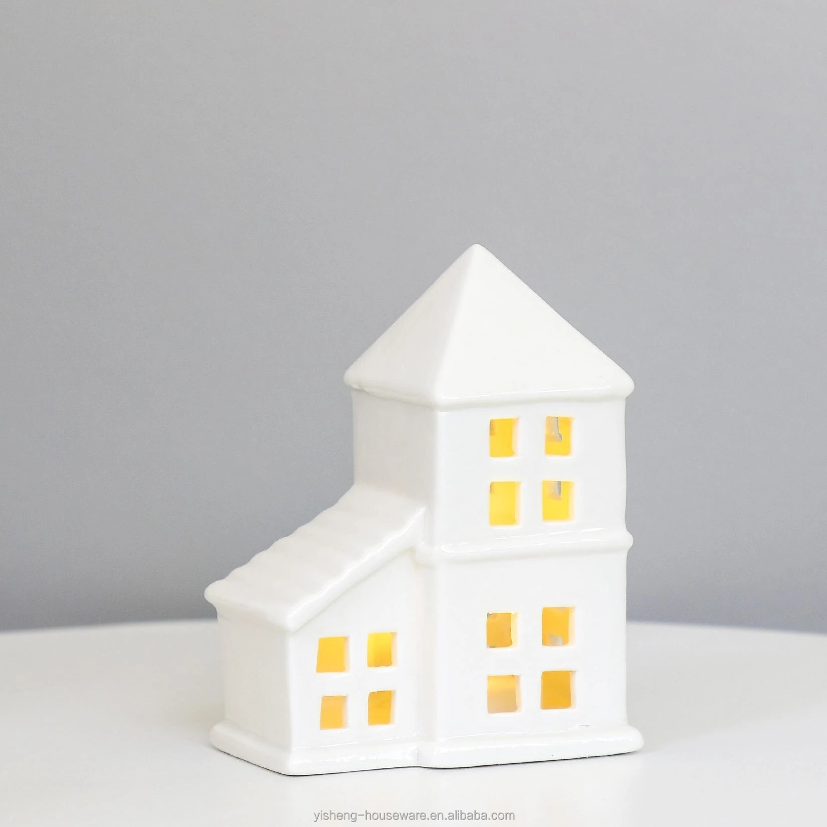 White Ceramic Houses LED Lighted Figurines Tabletop Decoration Village ...