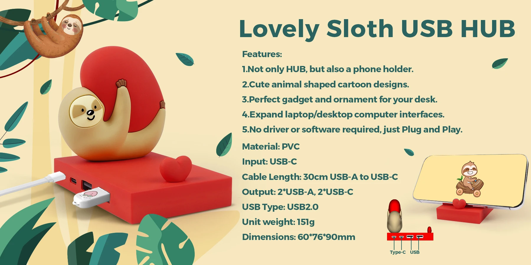Cartoon Sloths Design Phone Holder Computer Data Docking Station Multiport 4 Ports Usb Adapter 2 ...