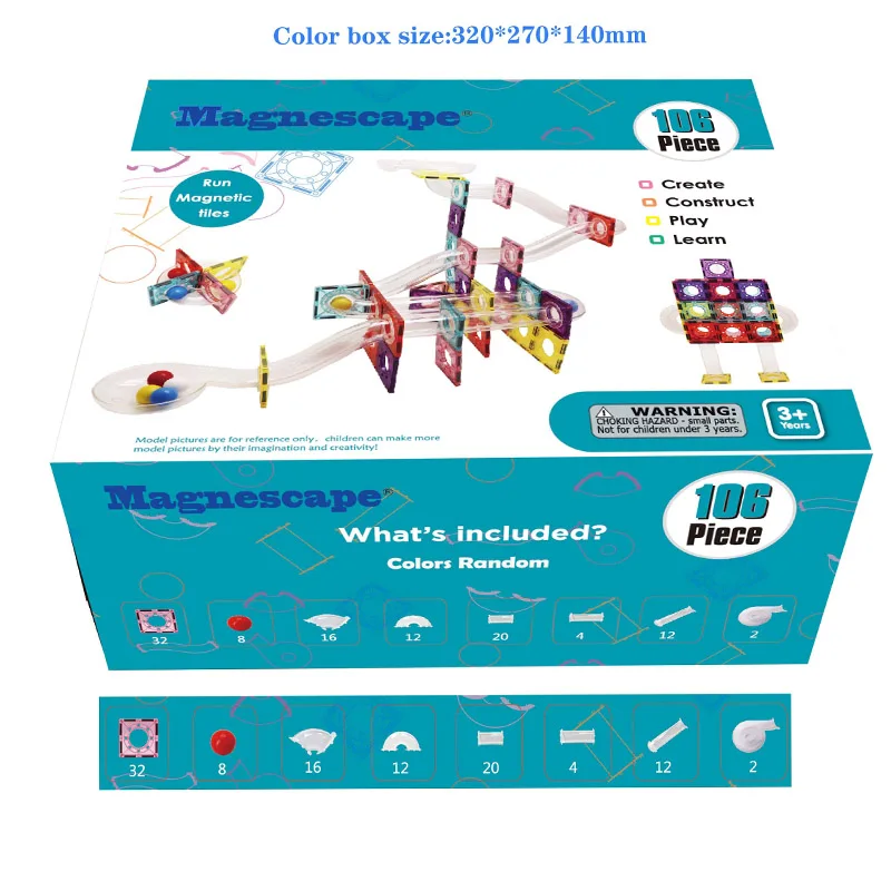 Magnescape Educational 106pcs Marble Run Magnetic Tiles Transparent ...