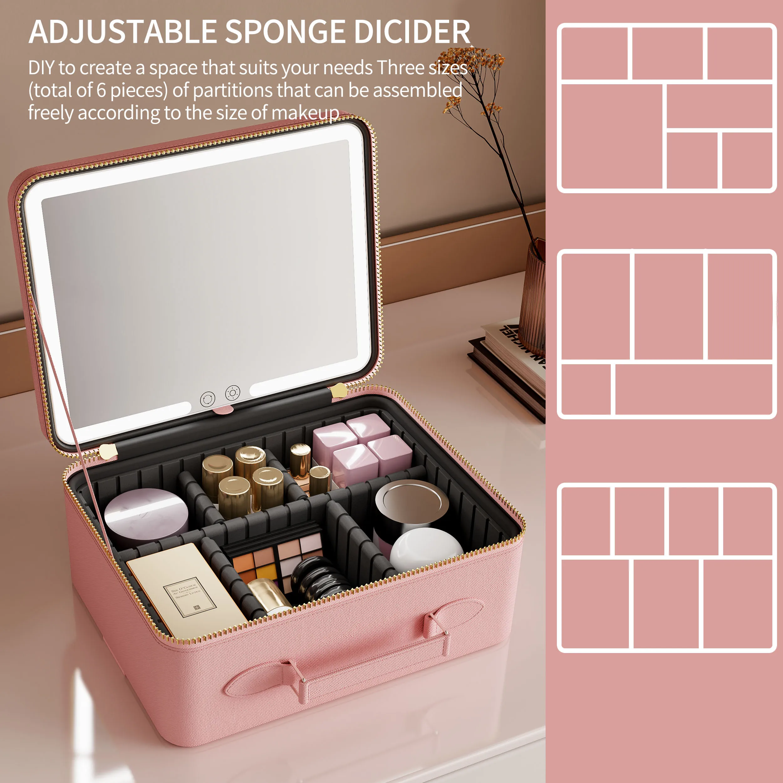Portable Vanity Storage Box Lighted Type-C Charging Pu Leather Pink ...