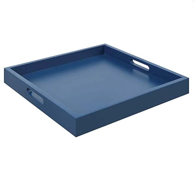 Stackable Matt Blue Color Wood Serving Tray With Gold Metal Handles And ...