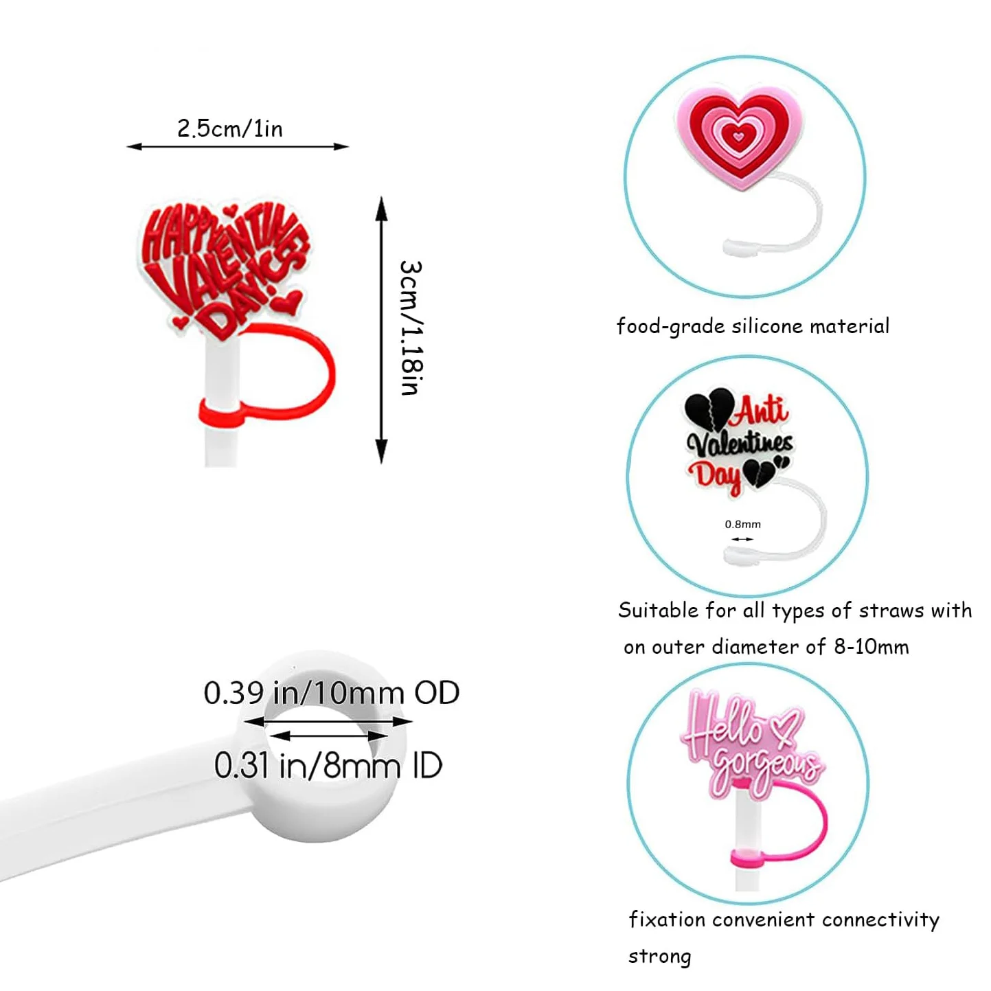 Cute Heart Silicone Reusable Straw Covers Tips Cap Drinking Accessories ...