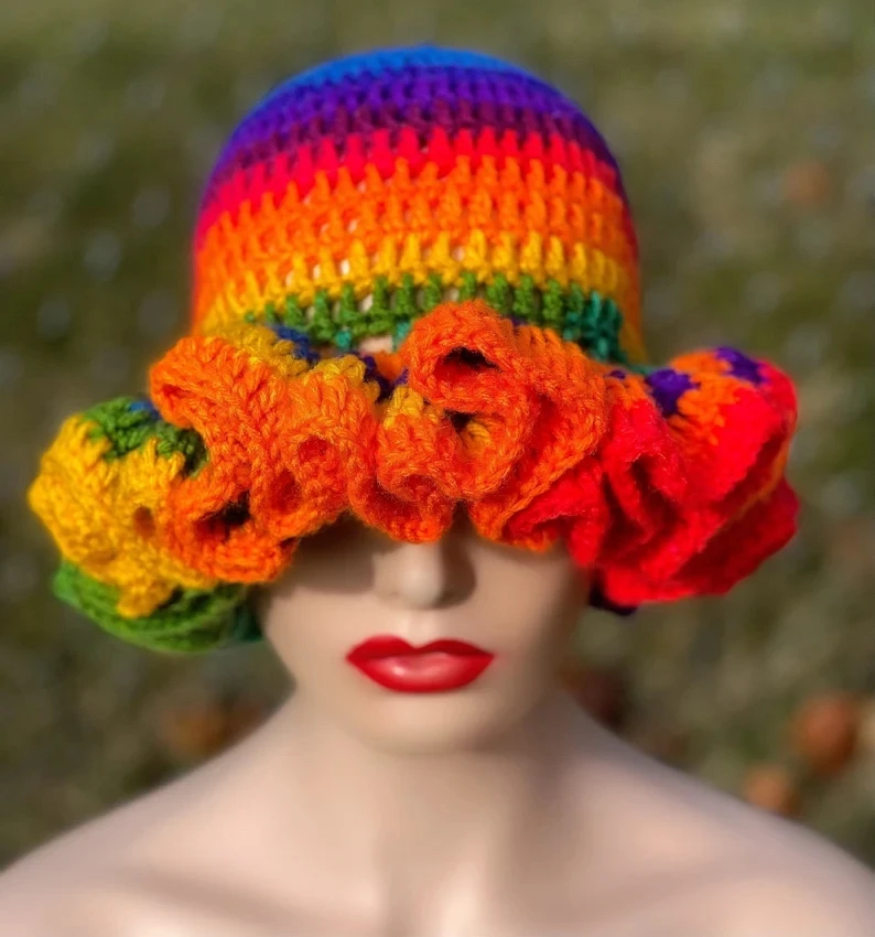 Custom Crochet Fall Colors Crochet Ruffle Bucket Hat For Sun Summer ...