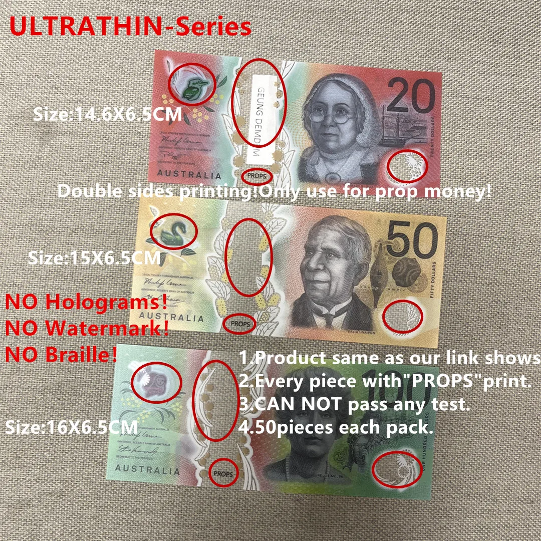 Ultra-Thin Polymer Dollar Prop Banknote 20 50 100 Australian Currency ...