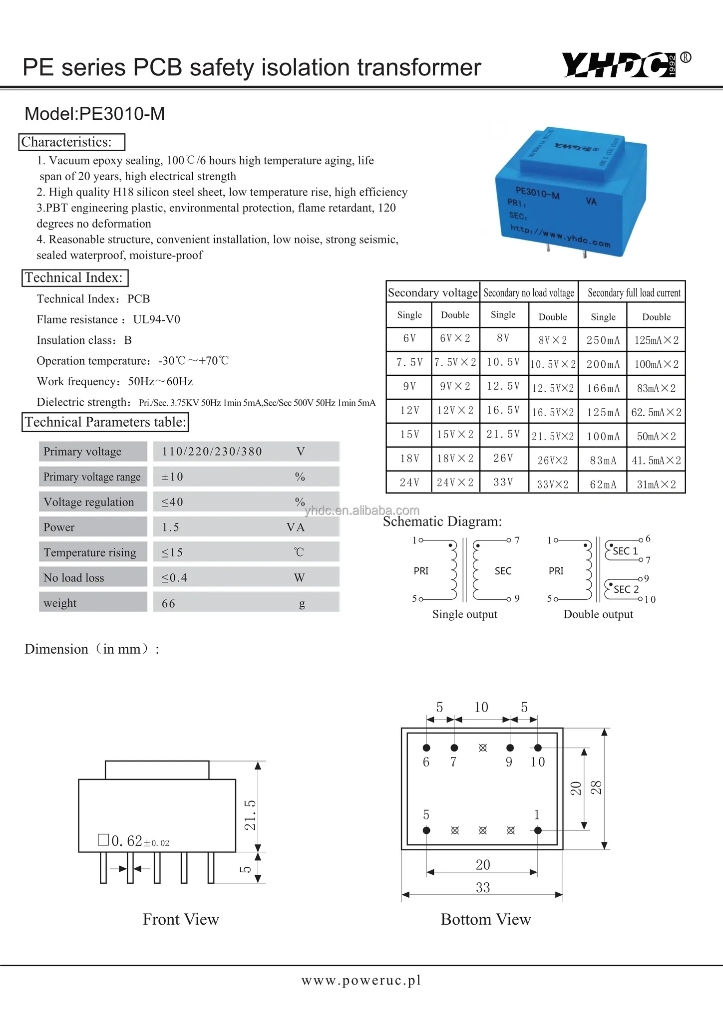Yhdc Pe3010-m หม้อแปลงไฟฟ้ากระแสสลับเชื่อม Pcb แบบ1va-1.5va นาทีมี6v/7.5v/9v/12v/15v/18v/24v ...