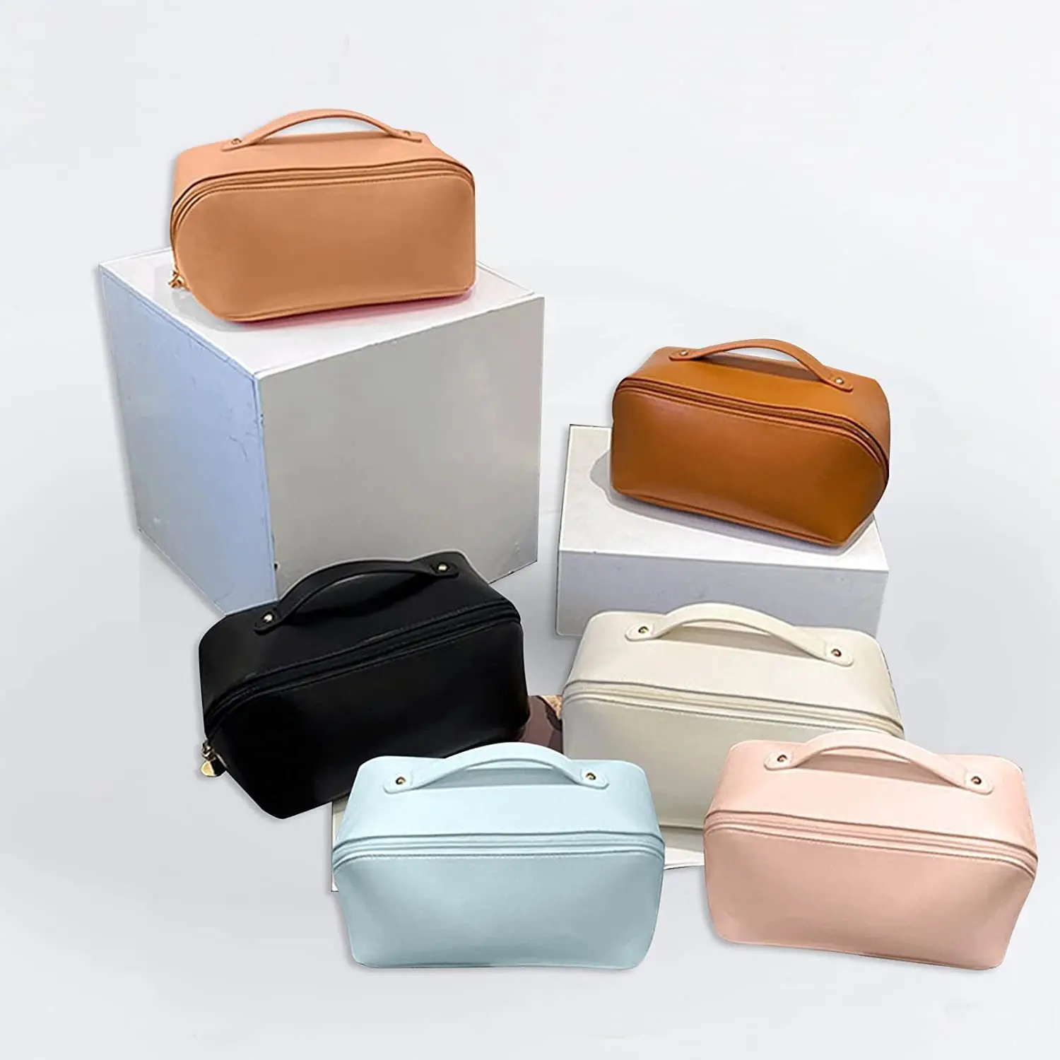 Wholesale Portable Solid Color Waterproof PU Leather Makeup Pouch Travel Wash Toiletry Storage ...