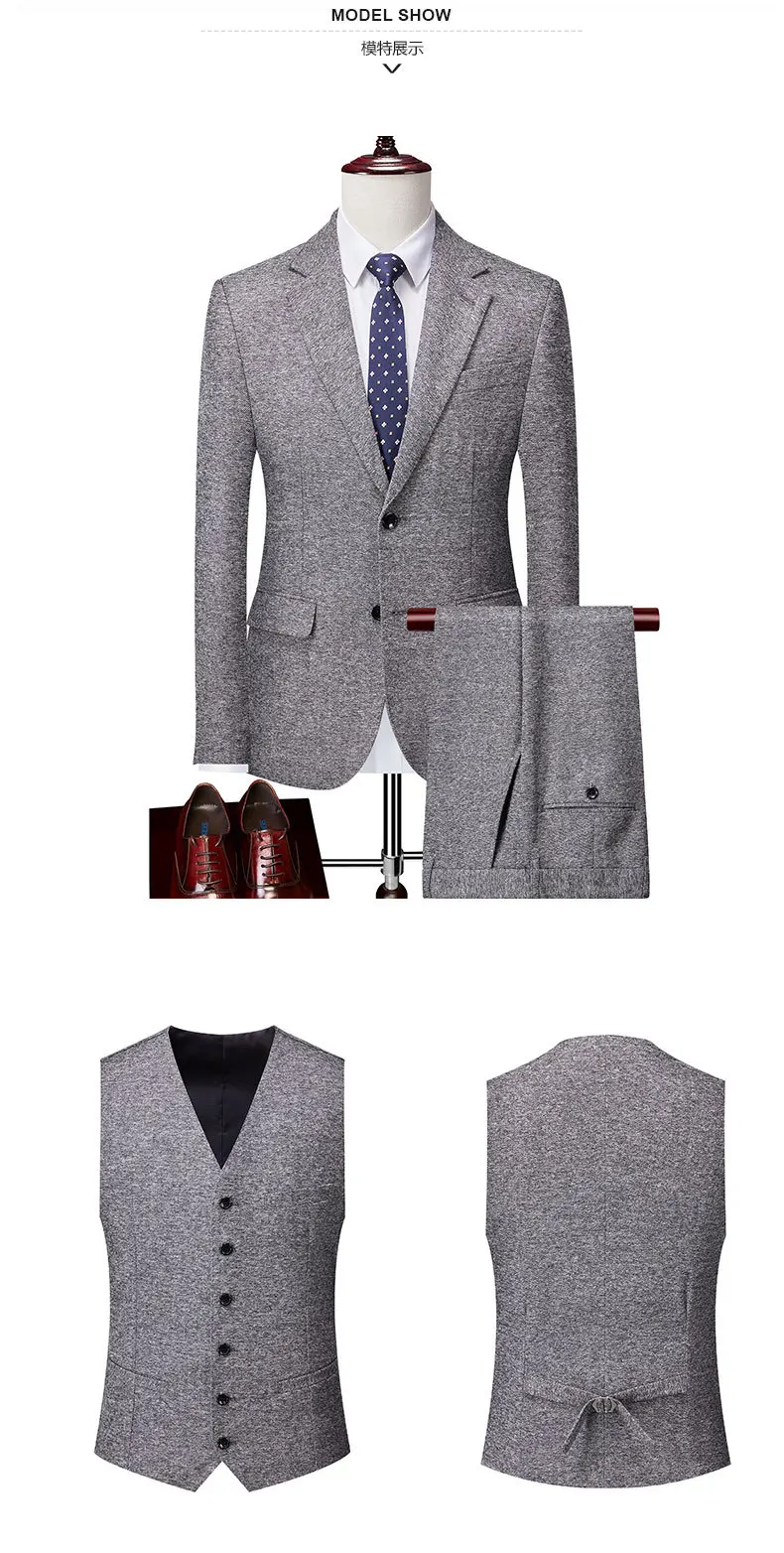 Gray Wool Tweed Custom Men Suits Italian Single Breasted 3 Piece Slim ...
