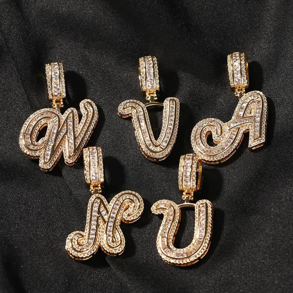 Cursive Font Baguette Diamond Initial Necklace - 18K Gold Plated
