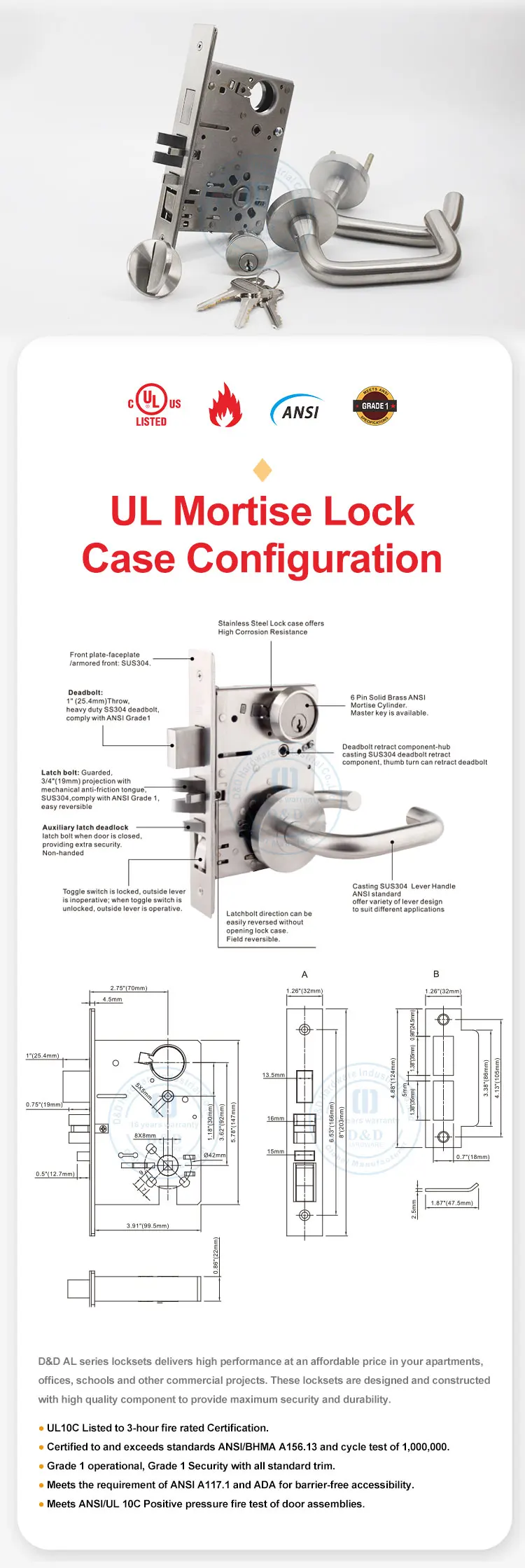 American Standard Mortise Lock - UL Fire Rated & Durable