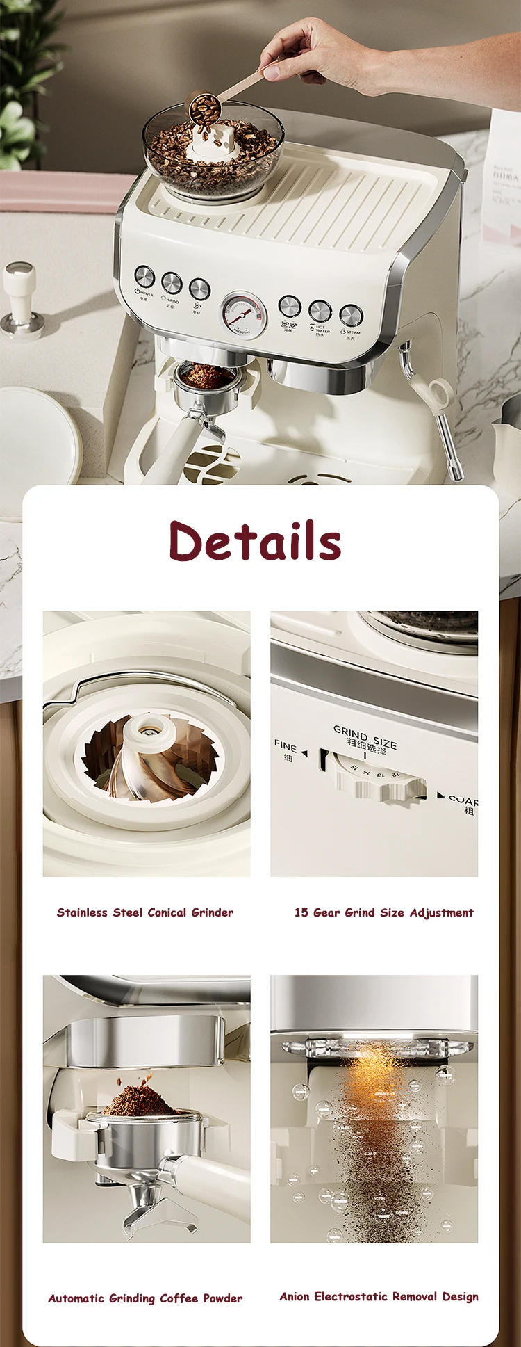 Espresso Coffee Maker - 3 in 1 Machine with Milk Dispenser