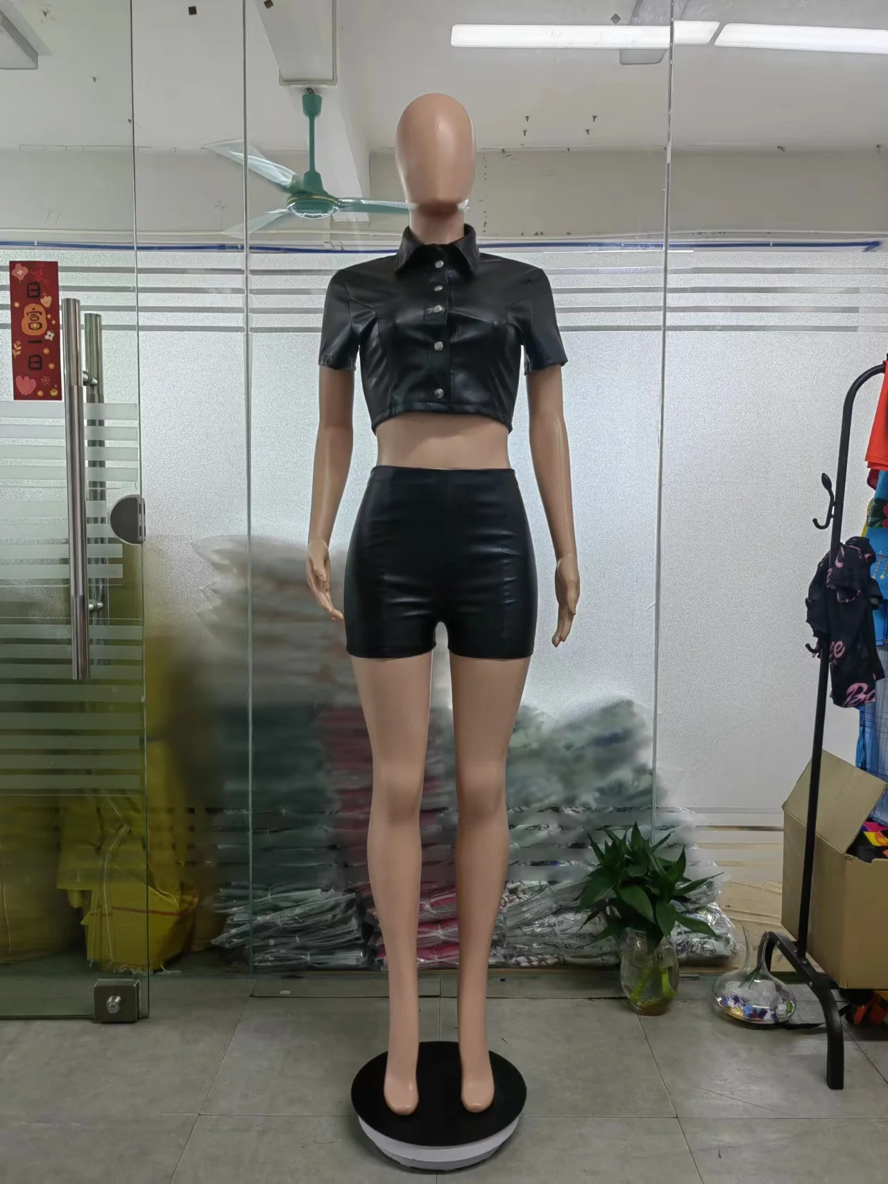 Newest Design Summer Pu Leather Turn-down Collar Short Sleeve Top ...