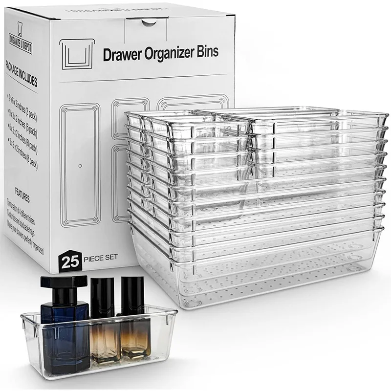 25 Pcs Clear Plastic Drawer Organizer Set 4 Sizes Desk Drawer Divider ...