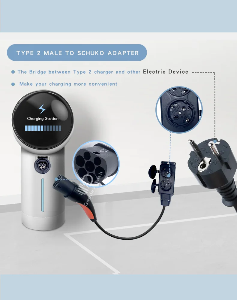 EV Charge Adapter - Type 2 Male to Schuko for Electric Vehicles