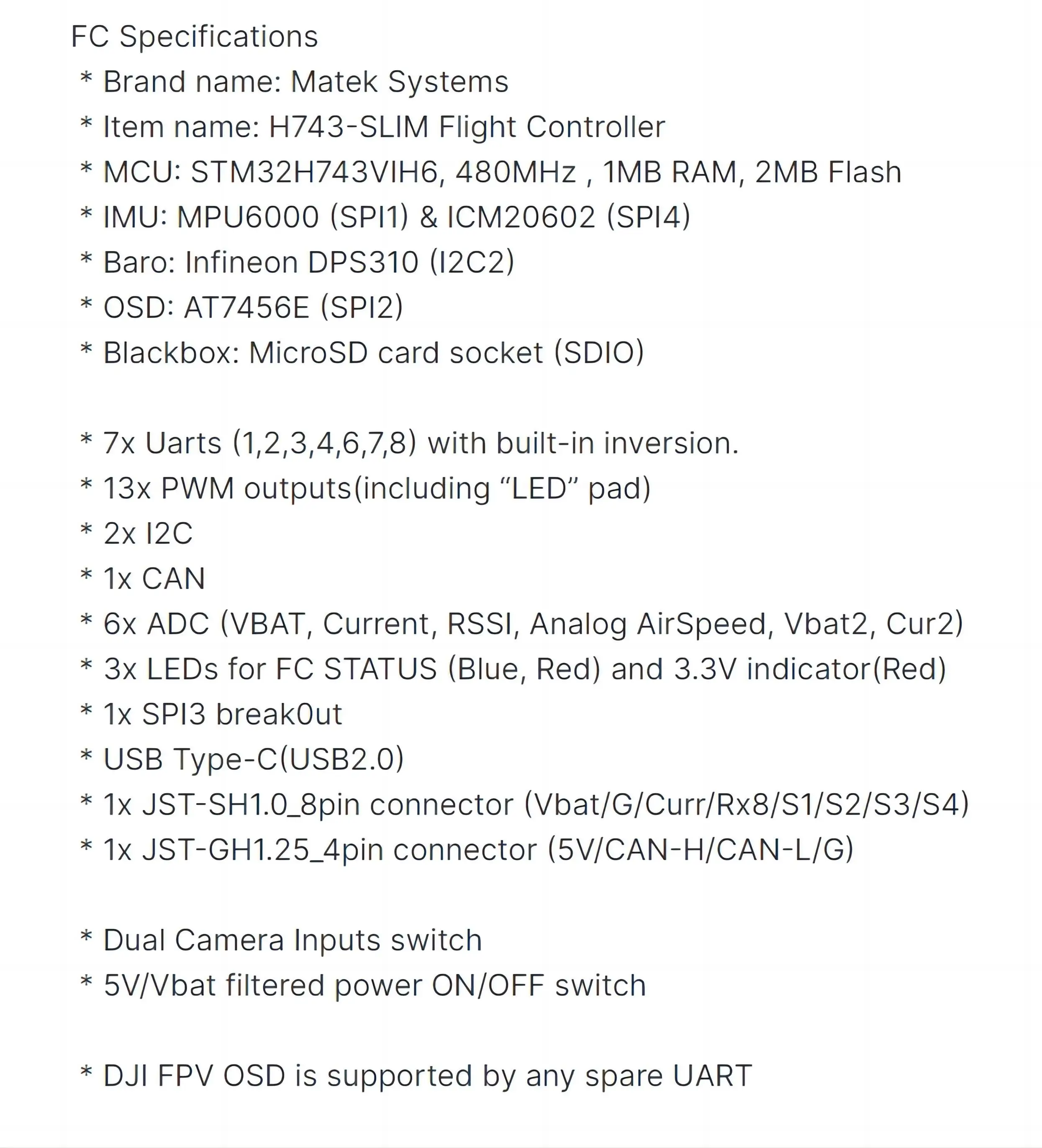 Mateksys MATEK H743-SLIM V3 Flight Controller for FPV With MPU6000 IMU ...