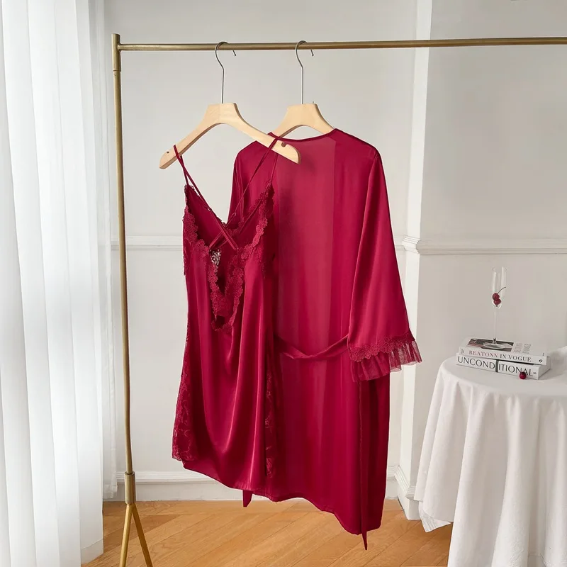 022 Sexy Ice Silk Fabric Women's Sling Nightdress+robe