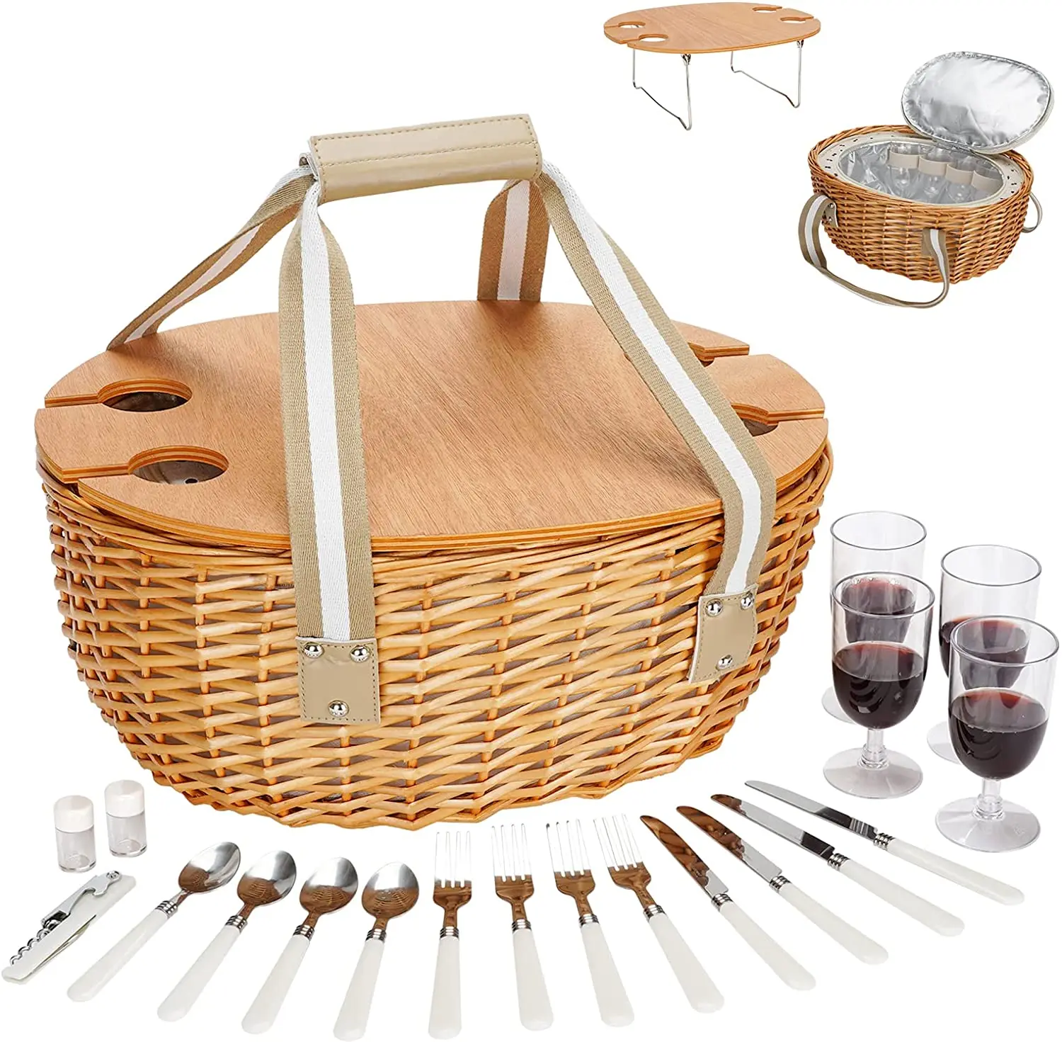 4 Person Picnic Kit Bamboo Vine Natural Wicker Basket For Outdoor Party ...