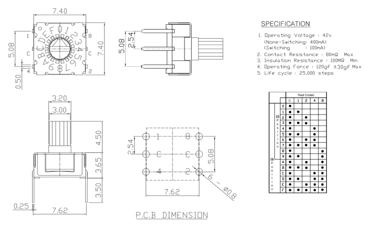 High Quality Rotary Dip Switch 16 Position PCB Waterproof